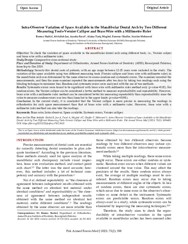 (PDF) Intra-Observer Variation of Space Available in the Mandibular ...