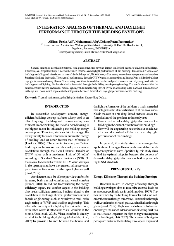 (PDF) Integration Analysis of Thermal and Daylight Performance Through the Building Envelope