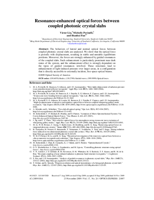 (PDF) Resonance-enhanced optical forces between coupled photonic crystal slabs | Victor Liu ...