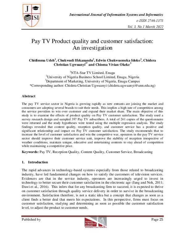(PDF) Pay TV Product quality and customer satisfaction: An investigation