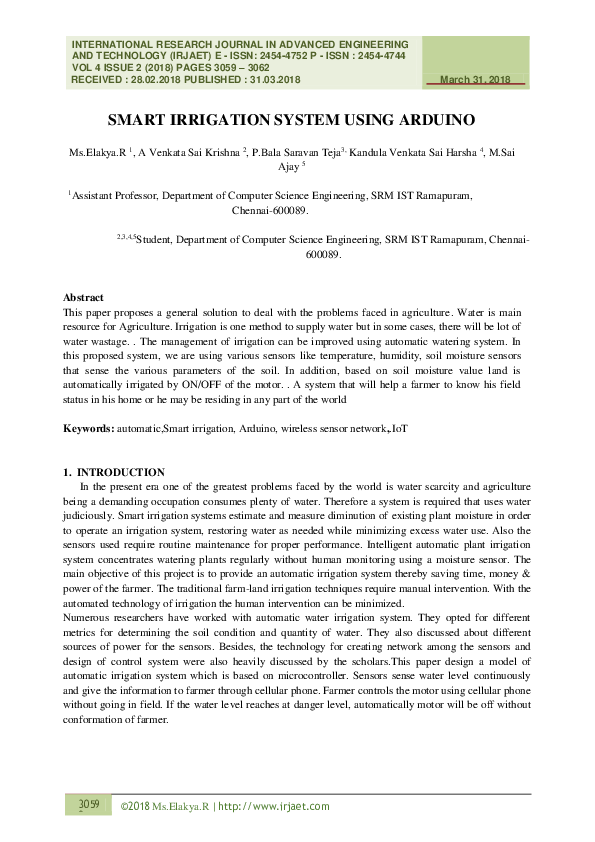 (PDF) Smart Irrigation System Using Arduino