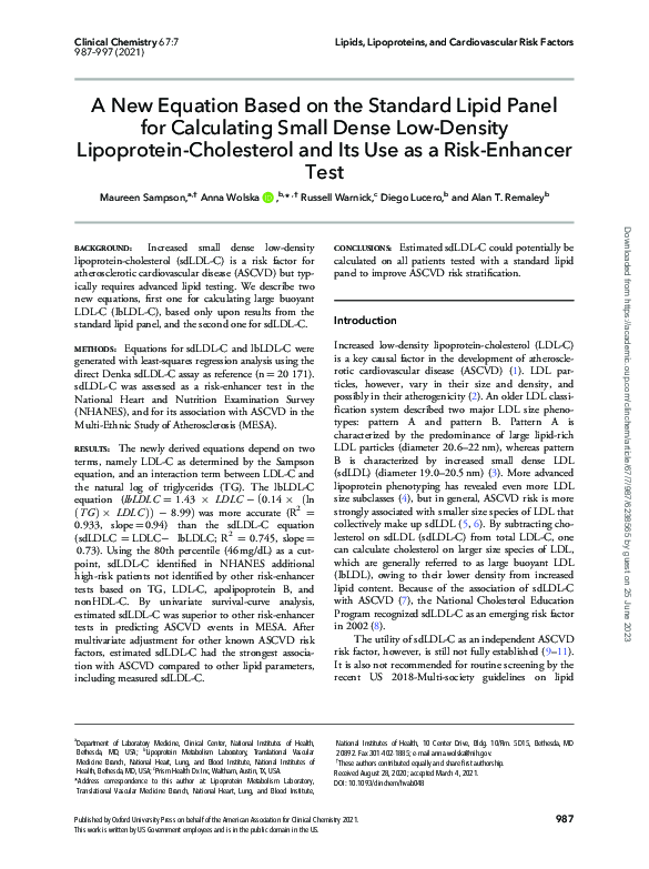(PDF) A New Equation Based on the Standard Lipid Panel for Calculating ...