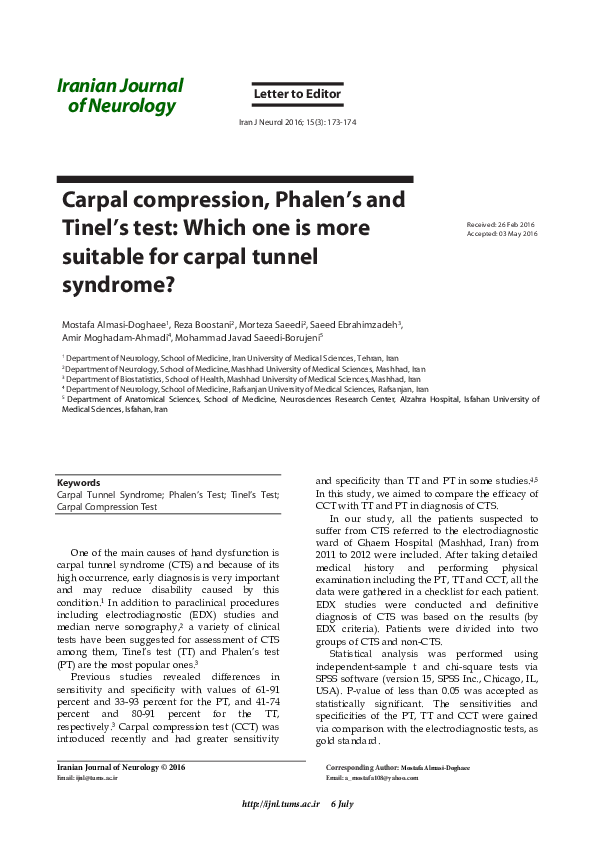 (PDF) Carpal compression, Phalen's and Tinel's test: Which one is more ...