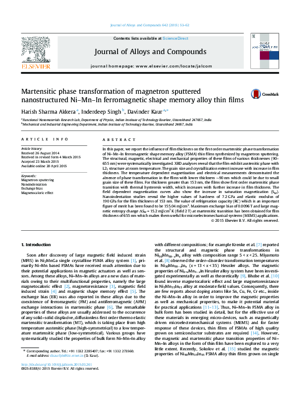 (PDF) Martensitic phase transformation of magnetron sputtered nanostructured Ni–Mn–In ...