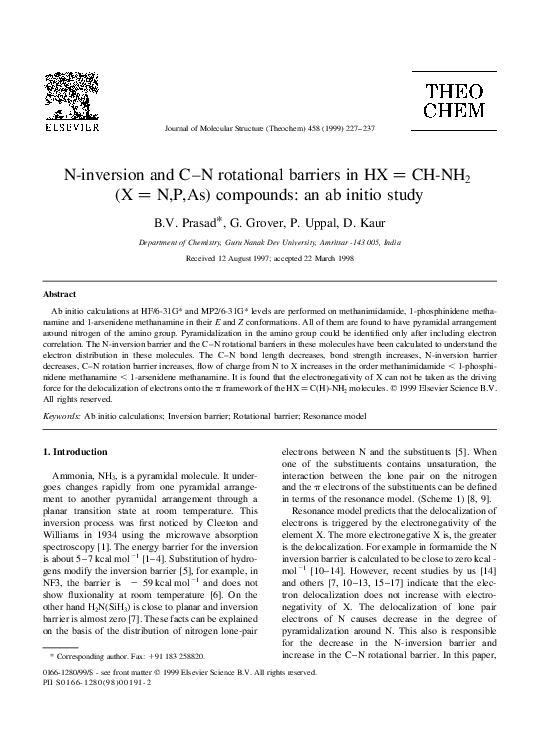 (PDF) N-inversion and C–N rotational barriers in HX=CH-NH2 (X=N,P,As) compounds: an ab initio study