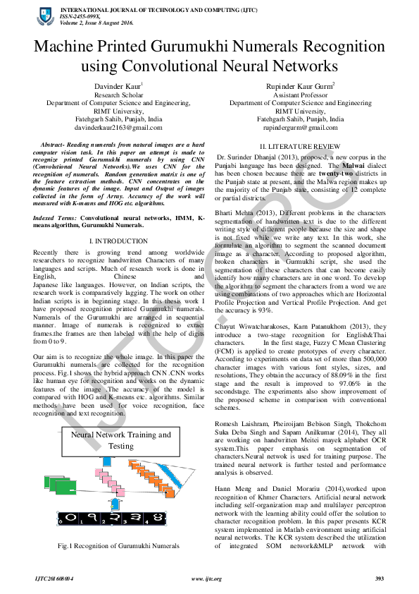 (PDF) Machine Printed Gurumukhi Numerals Recognition using Convolutional Neural Networks