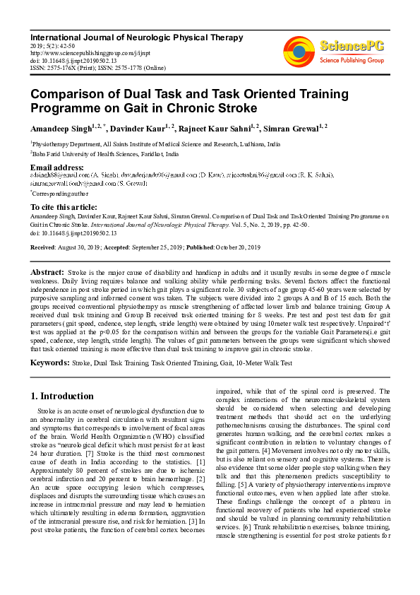 (PDF) Comparison of Dual Task and Task Oriented Training Programme on Gait in Chronic Stroke