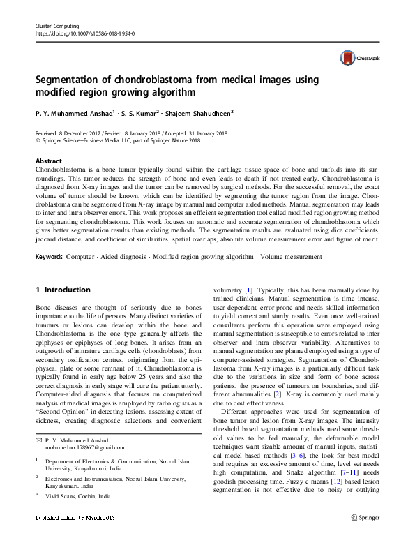 (PDF) Segmentation of chondroblastoma from medical images using modified region growing algorithm