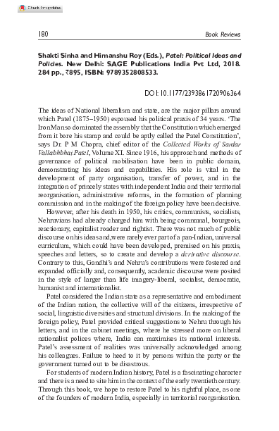 (PDF) Shakti Sinha and Himanshu Roy (Eds.), Patel: Political Ideas and ...