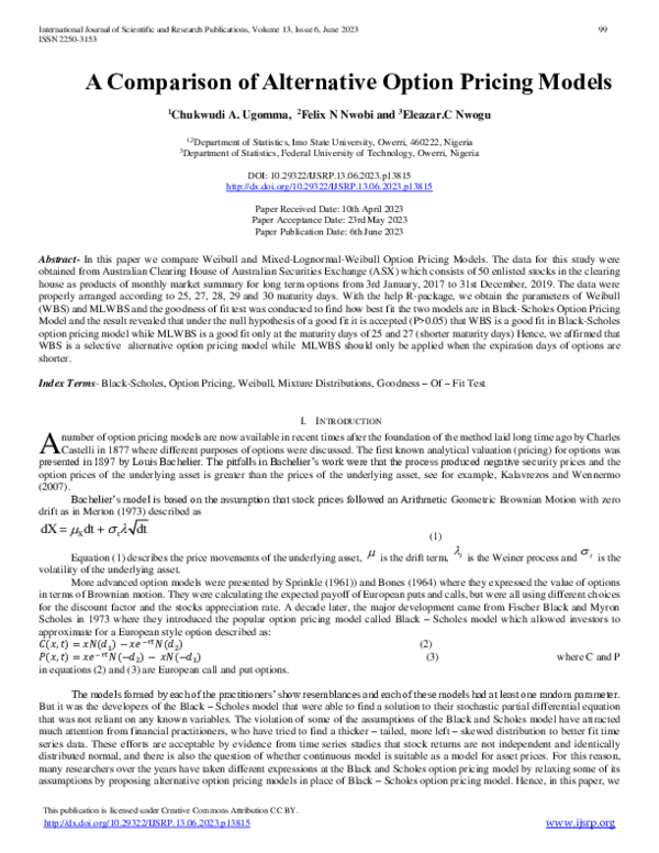 Pdf A Comparison Of Alternative Option Pricing Models