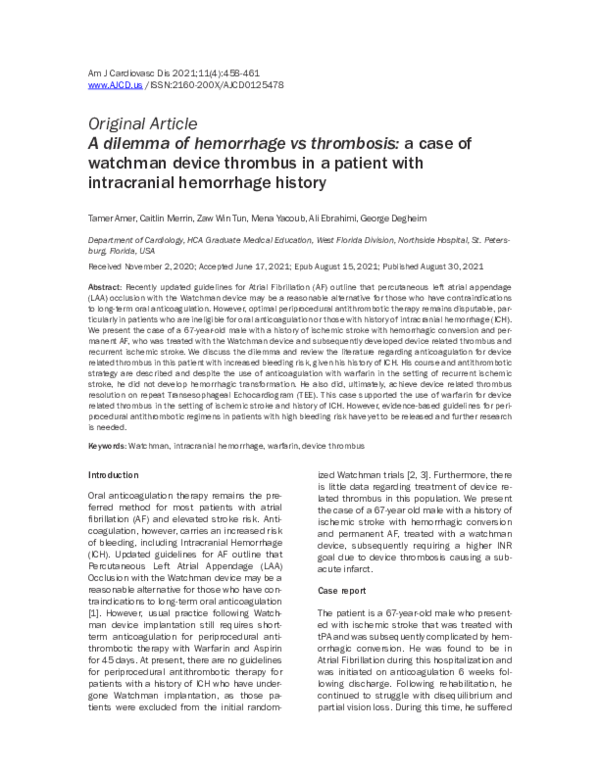 (PDF) A dilemma of hemorrhage vs thrombosis: a case of watchman device ...