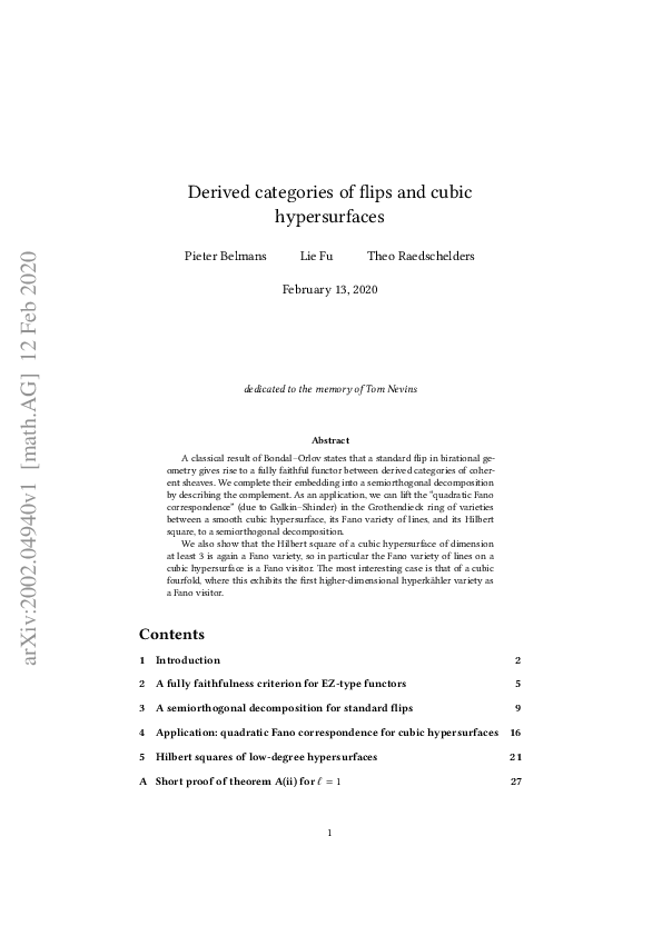 (PDF) Derived categories of flips and cubic hypersurfaces