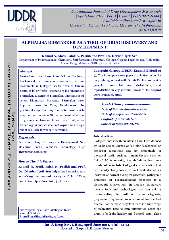 (PDF) Alphalisa Biomarker as a Tool of Drug Discovery and Development
