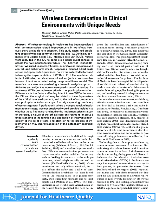 (PDF) Wireless Communication in Clinical Environments with Unique Needs