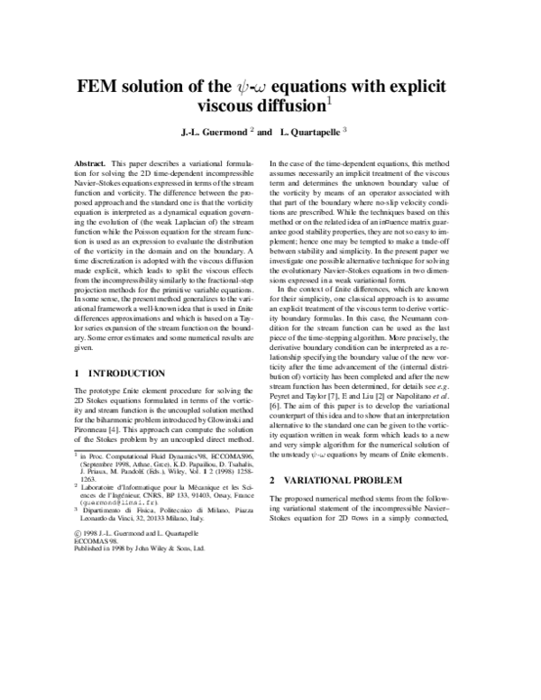 (PDF) FEM solution of theˆ-! equations with explicit viscous diffusion1