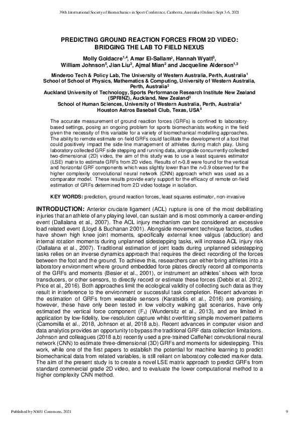 (PDF) Predicting Ground Reaction Forces from 2D Video: Bridging the Lab to Field Nexus