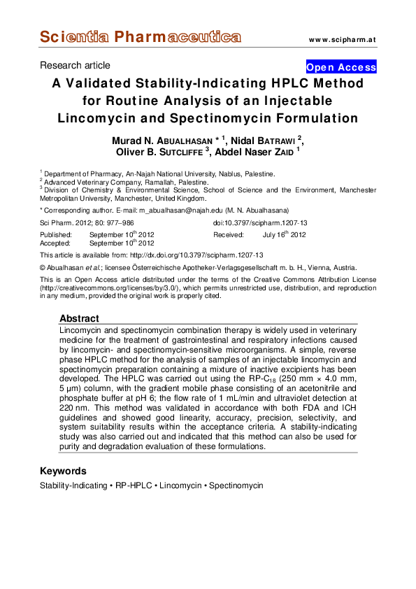 (PDF) A Validated Stability-Indicating HPLC Method for Routine Analysis of an Injectable ...
