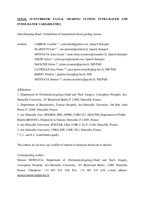 (PDF) Sunnybrook Facial Grading System: Intra-rater and Inter-rater ...