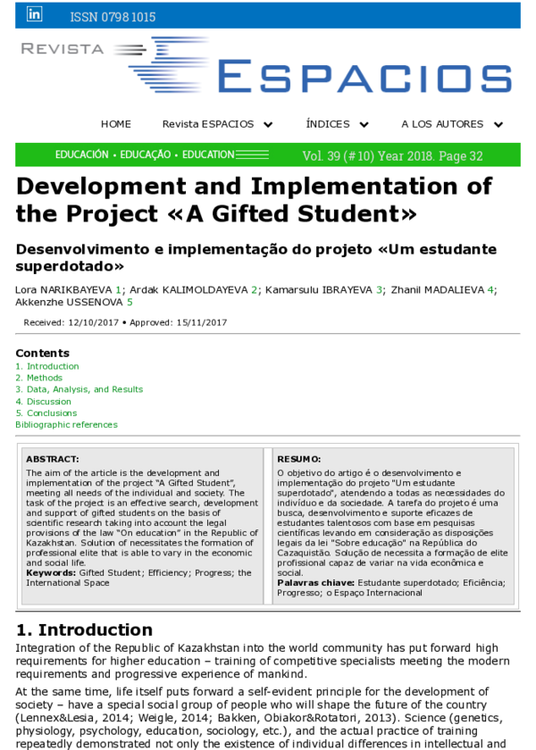 (PDF) Development and Implementation of the Project «A Gifted Student»