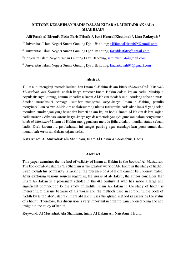 (PDF) METODE KESAHIHAN HADIS DALAM KITAB AL MUSTADRAK 'ALA SHAHIHAIN