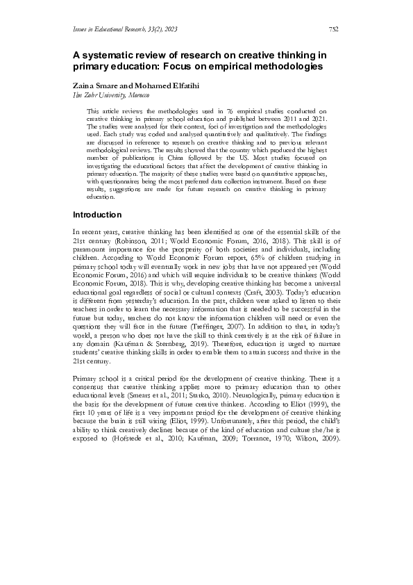 (PDF) A systematic review of research on creative thinking in primary education: Focus on ...