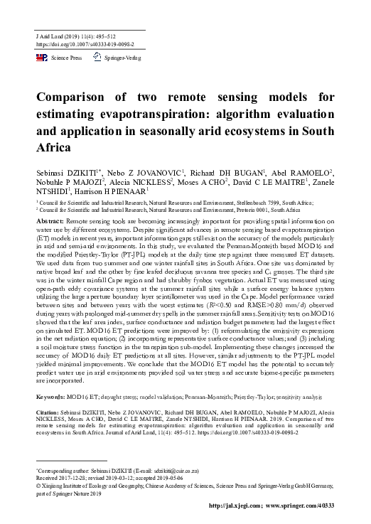 Pdf Comparison Of Two Remote Sensing Models For Estimating Evapotranspiration Algorithm