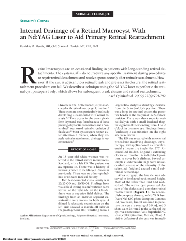 (PDF) Internal Drainage of a Retinal Macrocyst With an Nd:YAG Laser to ...