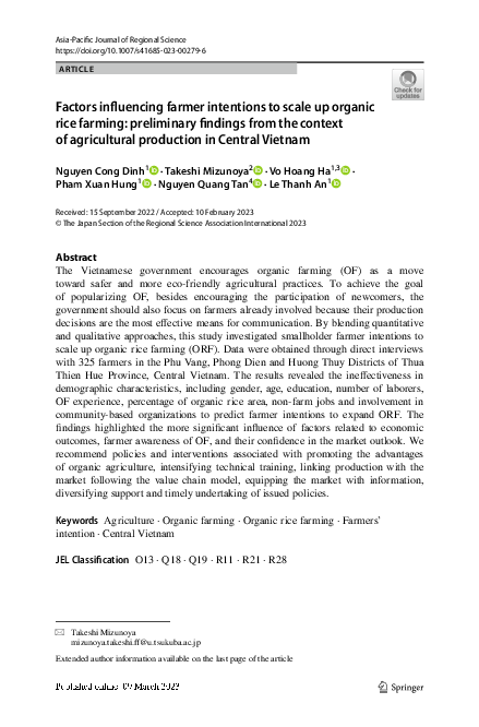 (PDF) Factors influencing farmer intentions to scale up organic rice farming: preliminary ...