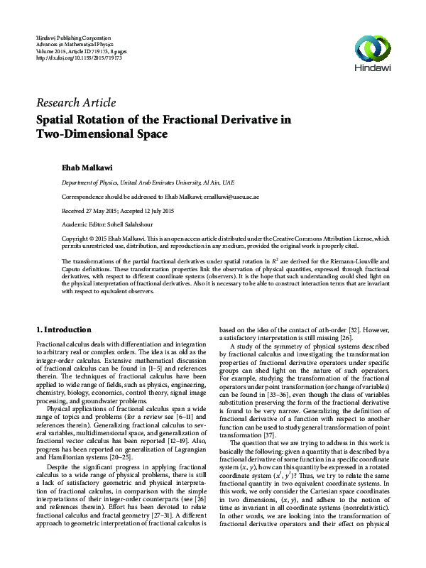 (PDF) Spatial Rotation of the Fractional Derivative in Two-Dimensional Space | Ehab Malkawi ...