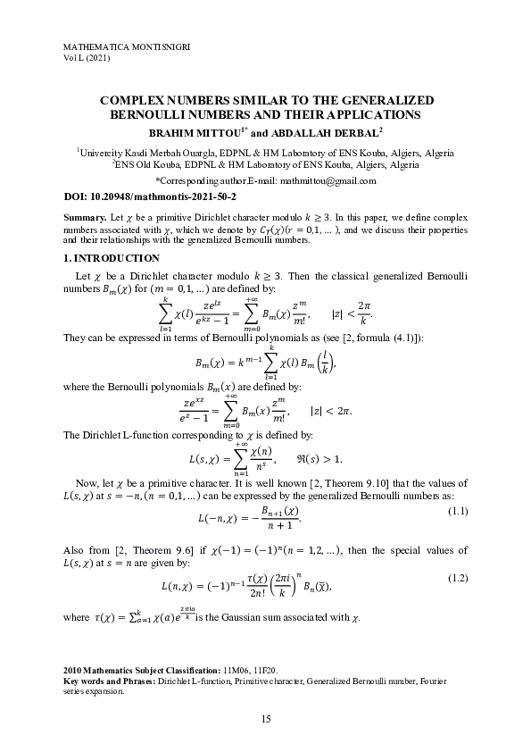 Pdf Complex Numbers And Generalized Bernoulli