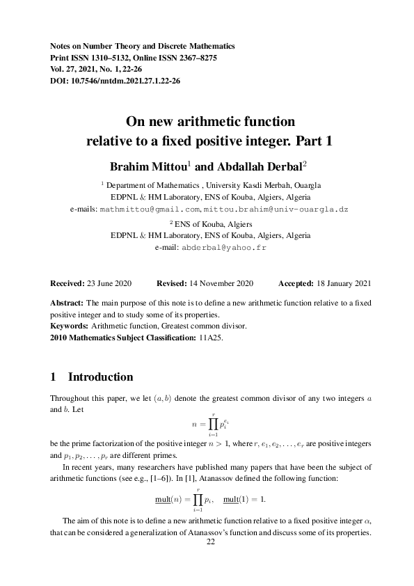 Pdf On New Arithmetic Function Relative To A Fixed Positive Integer