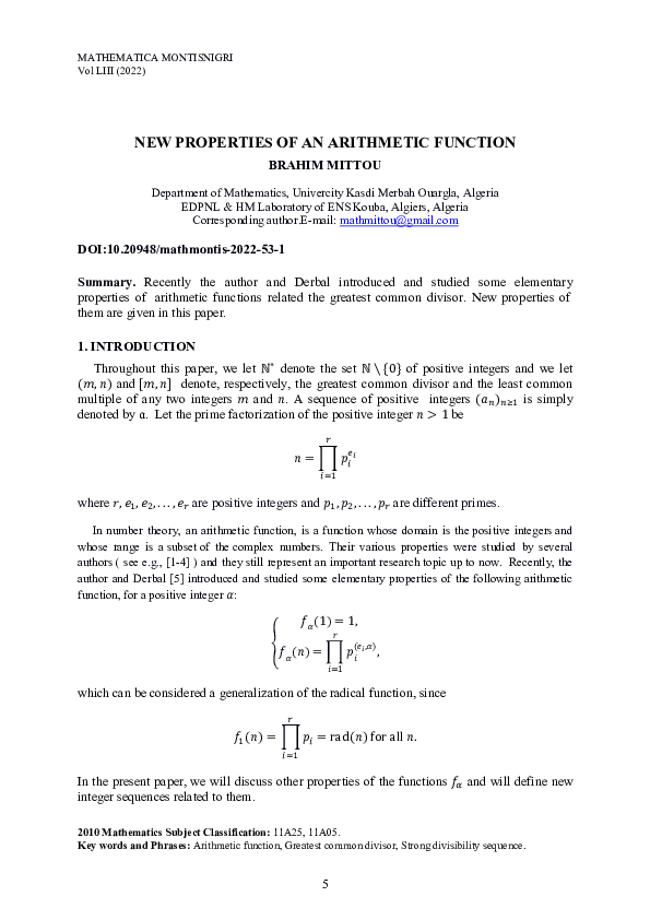 (PDF) New properties of an arithmetic function