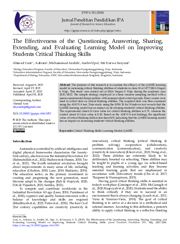 (PDF) Effectiveness of the Questioning, Answering, Sharing, Extending, and Evaluating Learning ...