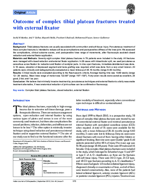 (PDF) Outcome of complex tibial plateau fractures treated with external fixator