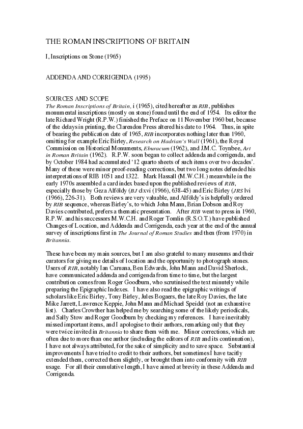 (PDF) THE ROMAN INSCRIPTIONS OF BRITAIN Addenda et Corrigenda in 1995