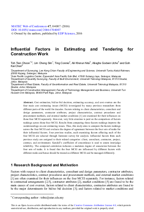 (PDF) Influential Factors in Estimating and Tendering for Construction Work