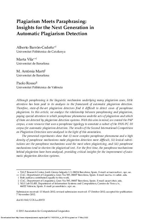 (PDF) Plagiarism Meets Paraphrasing: Insights for the Next Generation in Automatic Plagiarism ...