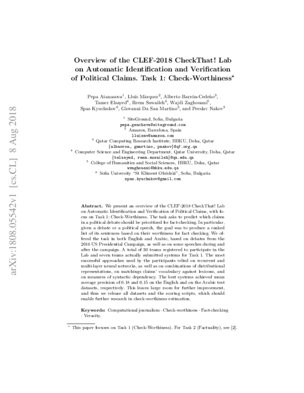 (PDF) Overview of the CLEF-2018 CheckThat! Lab on Automatic ...
