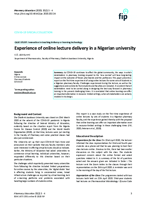 (PDF) Experience of online lecture delivery in a Nigerian university