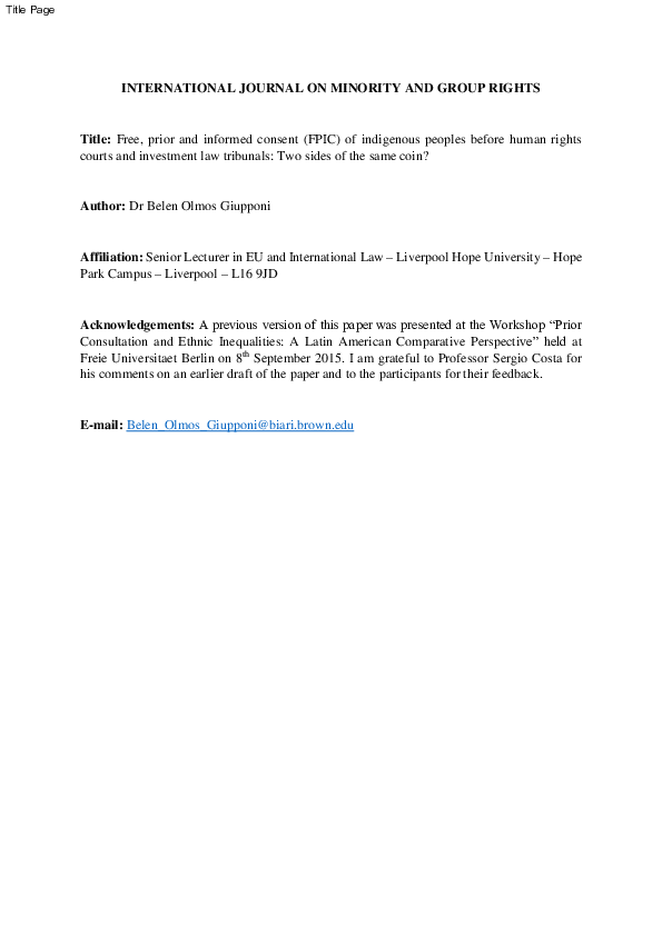 (PDF) Free, Prior and Informed Consent (FPIC) of Indigenous Peoples ...