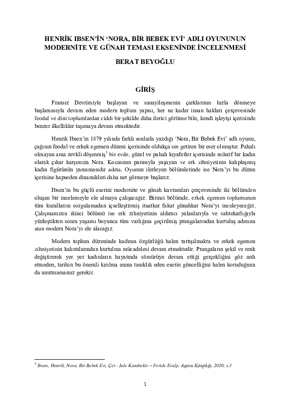 (PDF) HENRİK IBSEN’İN ‘NORA, BİR BEBEK EVİ’ ADLI OYUNUNUN MODERNİTE VE GÜNAH TEMASI EKSENİNDE ...