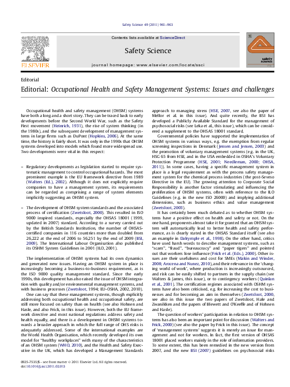 (PDF) Editorial: Occupational Health and Safety Management Systems: Issues and challenges
