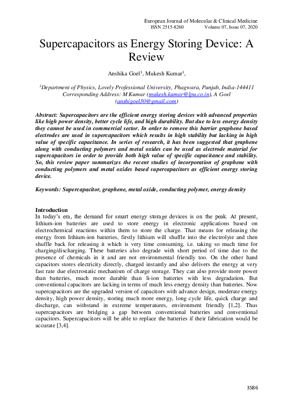 (PDF) Supercapacitors as Energy Storing Device: A Review
