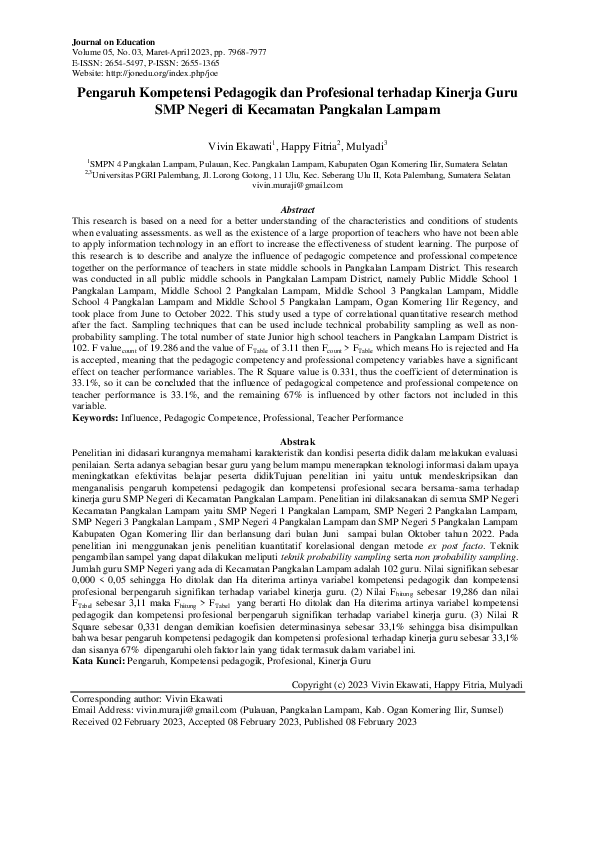 (PDF) Pengaruh Kompetensi Pedagogik dan Profesional terhadap Kinerja Guru SMP Negeri di ...