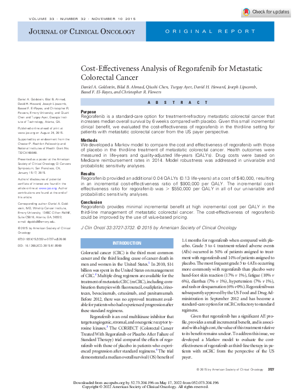 (PDF) Cost-Effectiveness Analysis of Regorafenib for Metastatic Colorectal Cancer