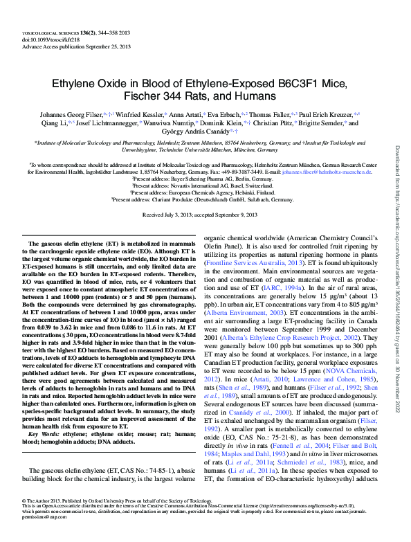 (PDF) Ethylene Oxide in Blood of Ethylene-Exposed B6C3F1 Mice, Fischer ...