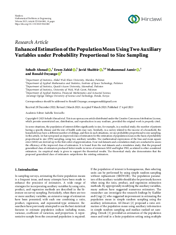 Pdf Enhanced Estimation Of The Population Mean Using Two Auxiliary
