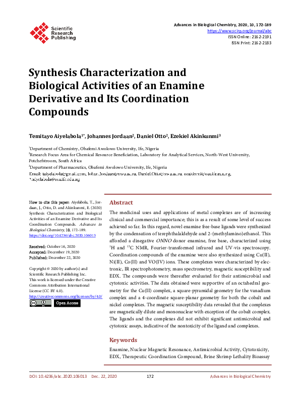 (PDF) Synthesis Characterization and Biological Activities of an Enamine Derivative and Its ...
