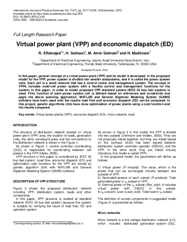 (PDF) Virtual power plant (VPP) and economic dispatch (ED)