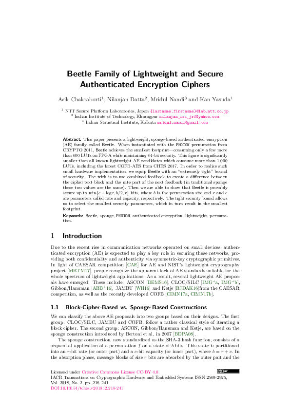 (PDF) Beetle Family of Lightweight and Secure Authenticated Encryption Ciphers